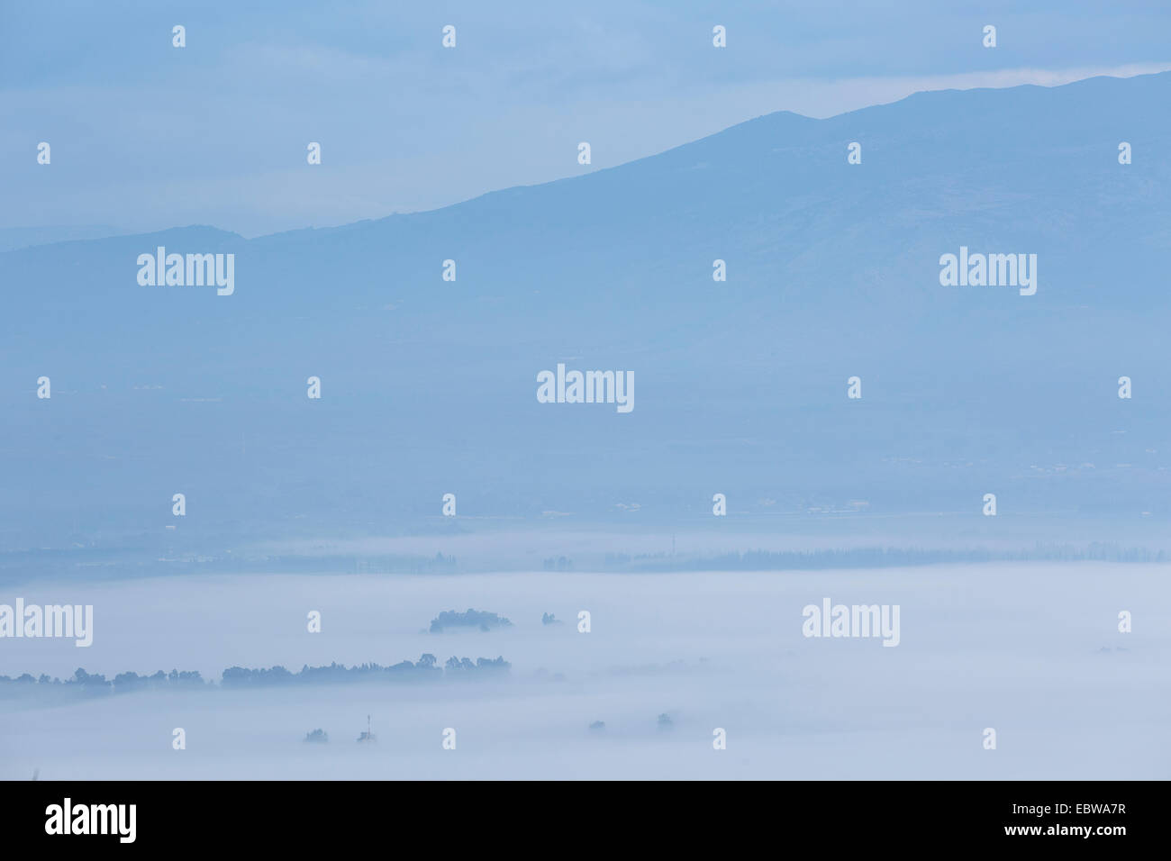 Hula Valley view and Mountain Hermon. Trees and fog. Hula Valley ...