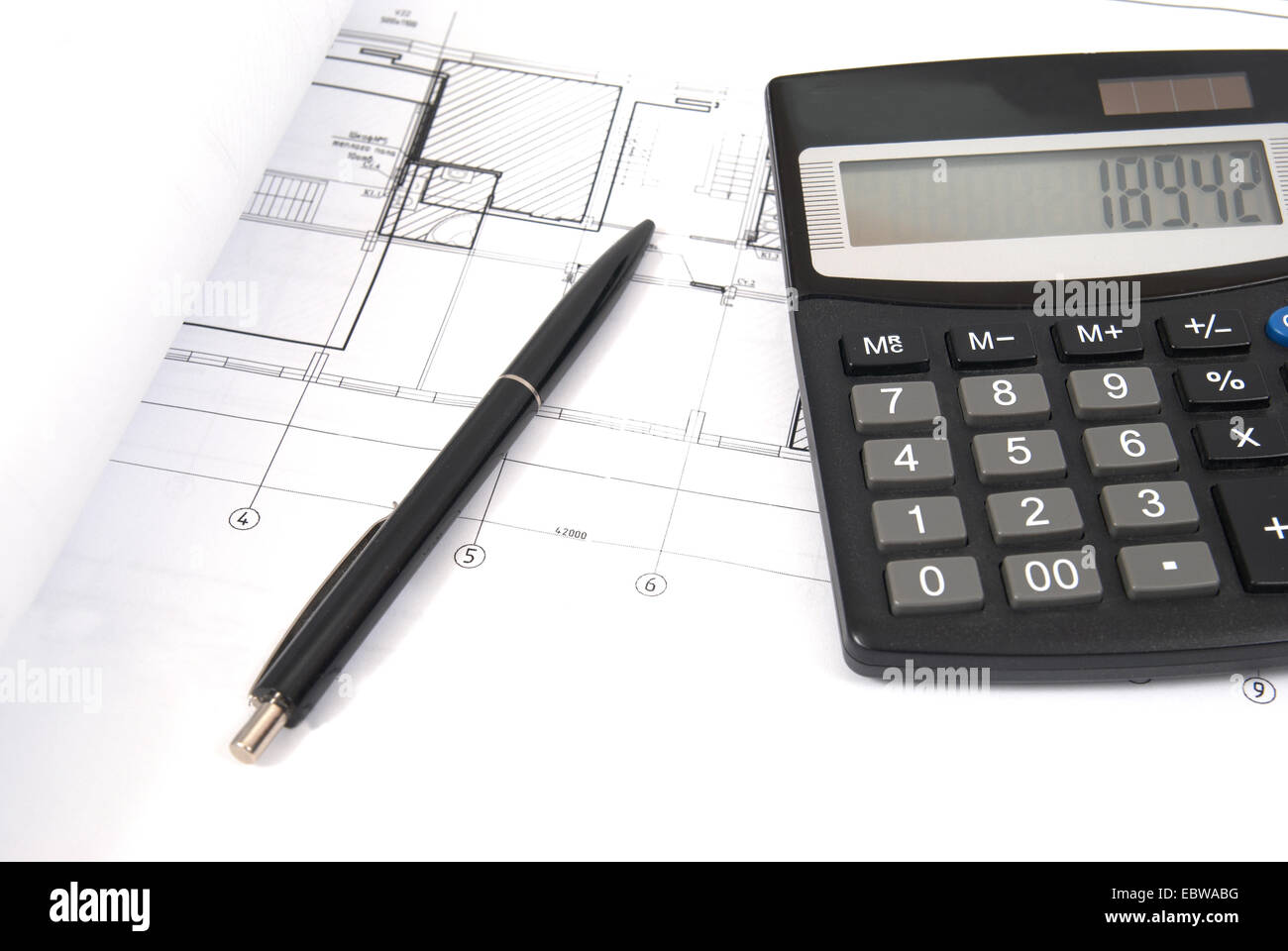 Working drawing with calculator and pen. Engineering equipment Stock ...