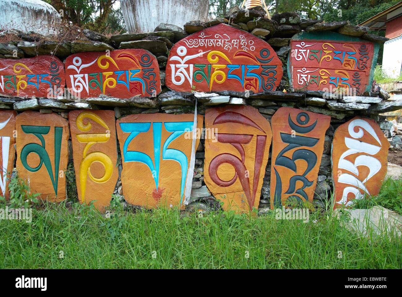 Buddhistic color letters on the wall of indian temple Stock Photo - Alamy