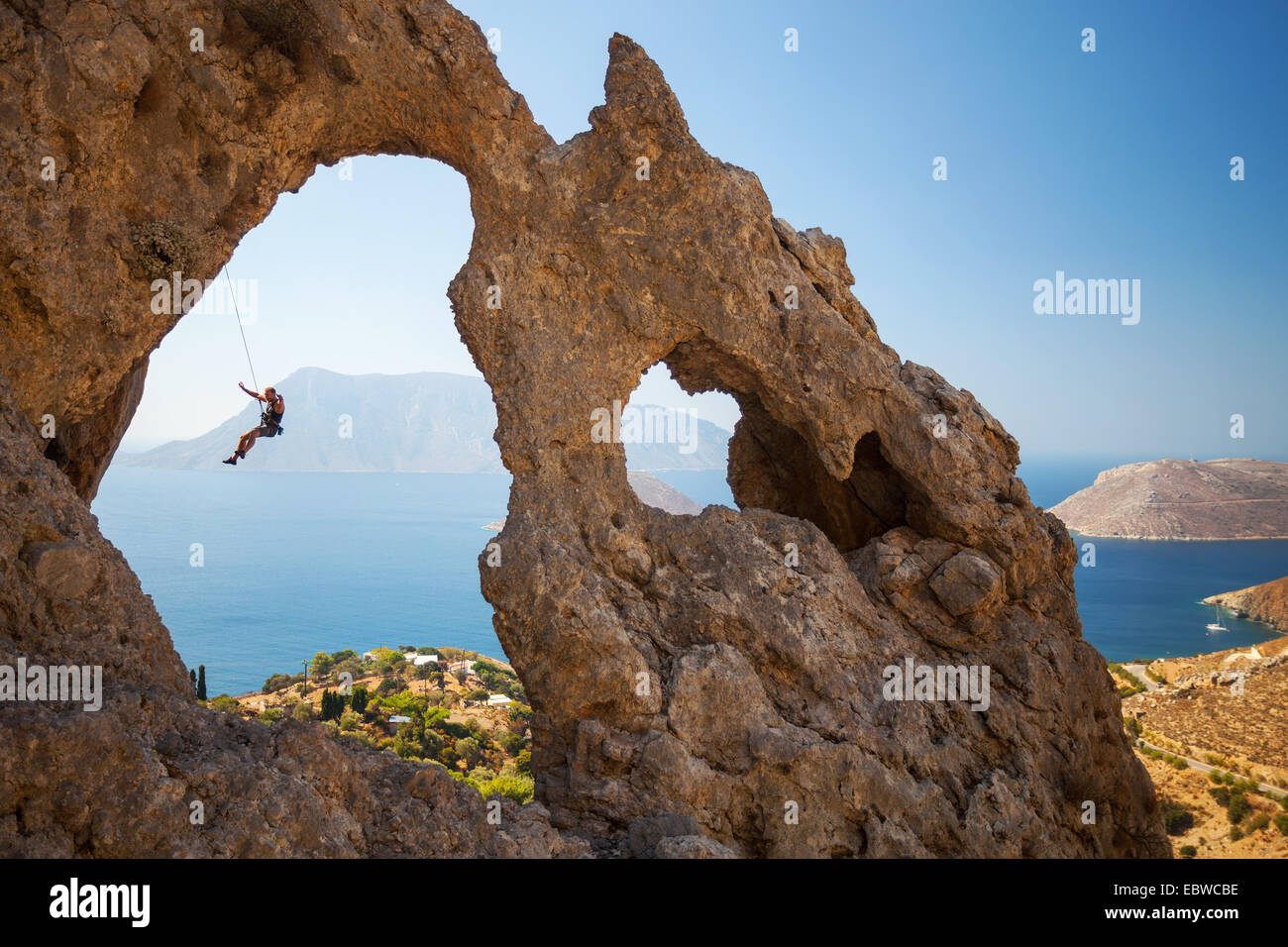 Rock climber falling of a cliff while lead climbing. Kalymnos Island ...