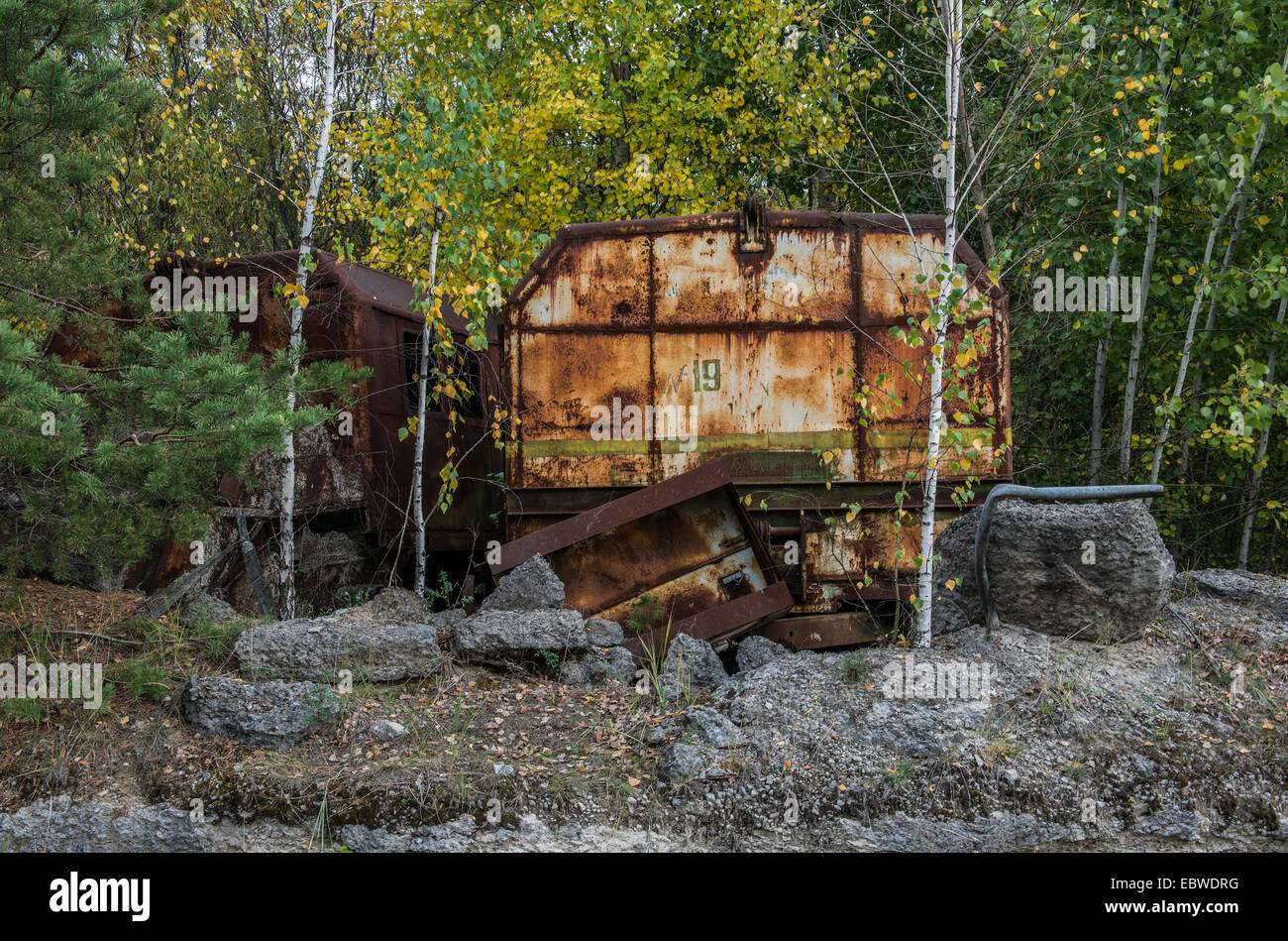 old wagon near unfinished Cooling Tower of reactor number 5, Chernobyl ...