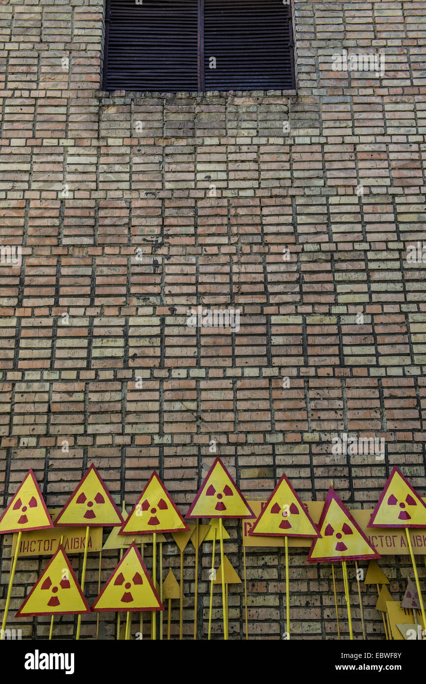 Radiation signs painting place in Pripyat abandoned city, Chernobyl ...