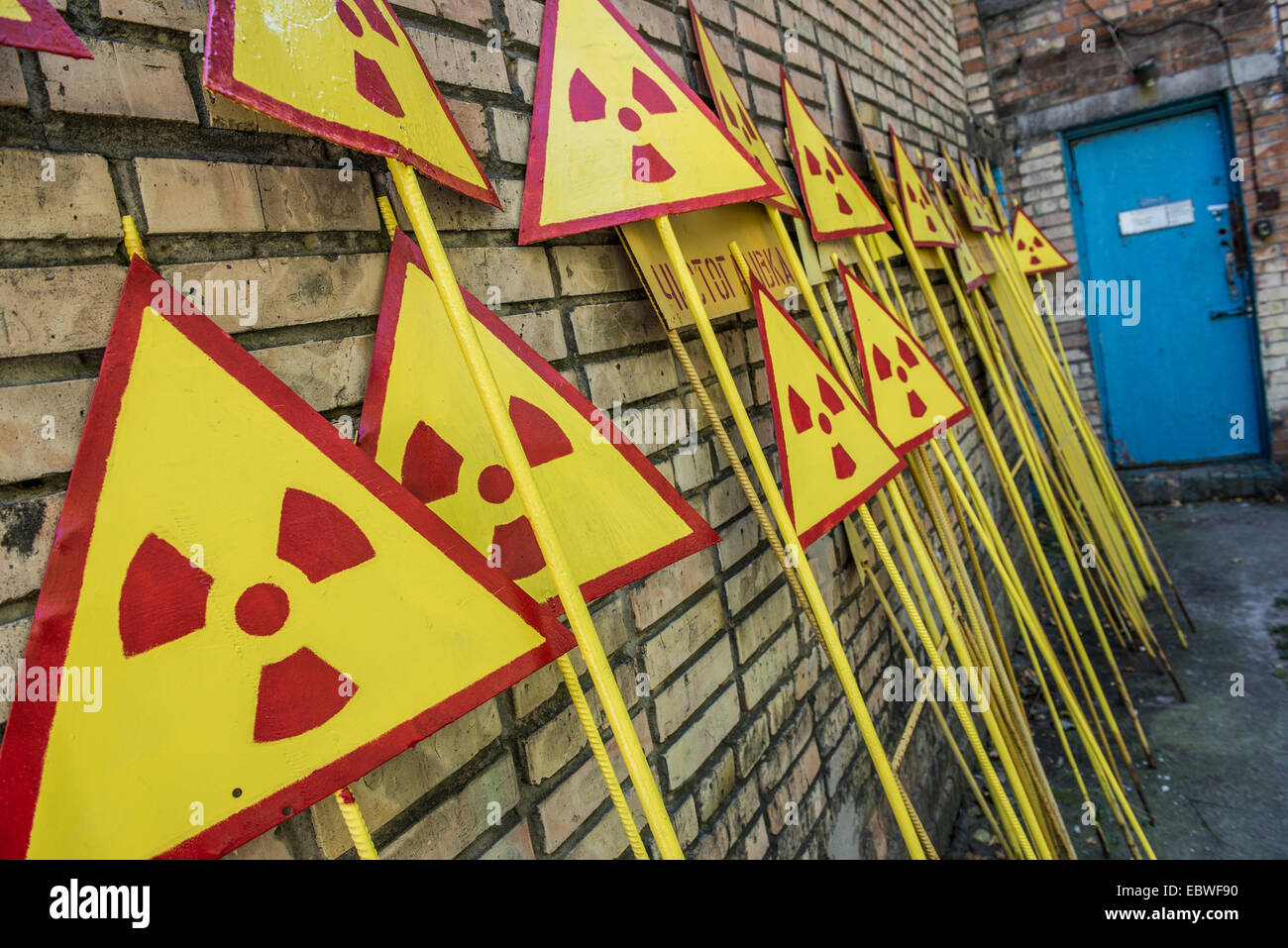 Radiation signs painting place in Pripyat abandoned city, Chernobyl ...
