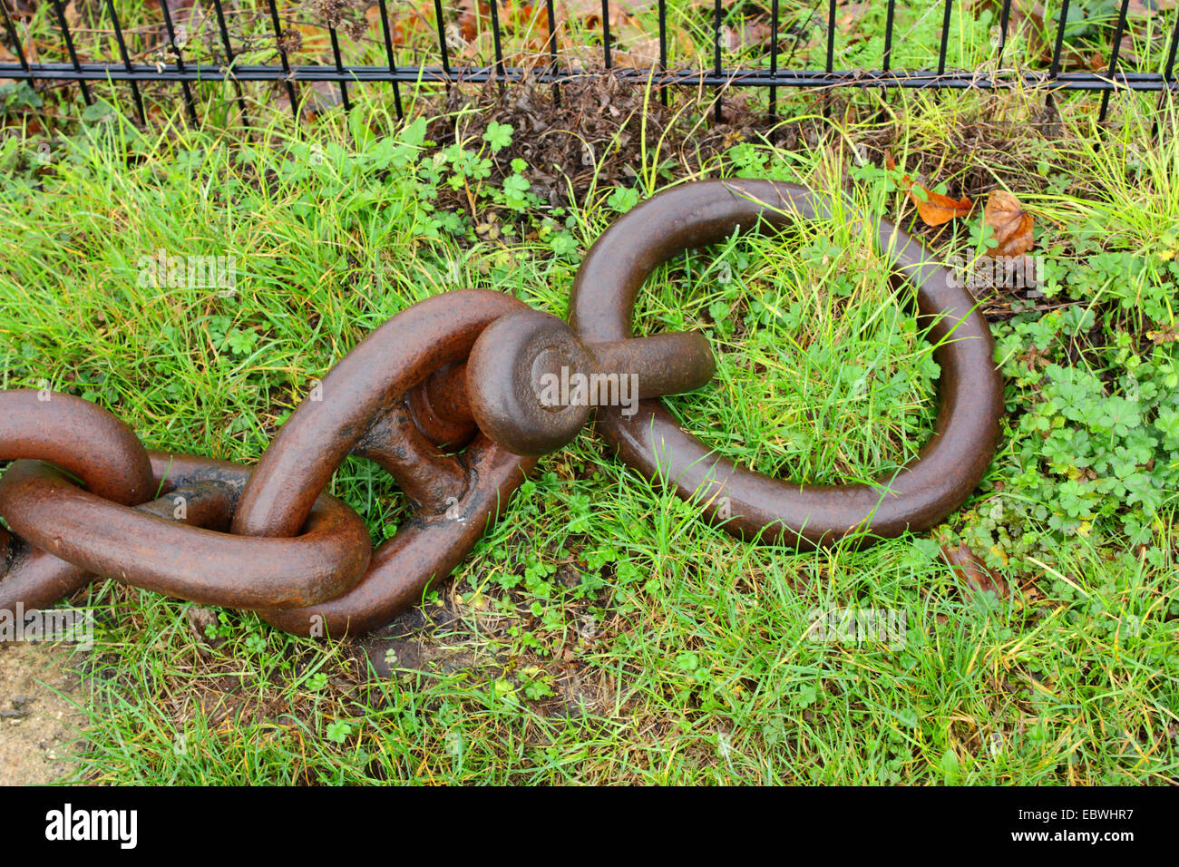An old rusty metal chain and ring held together by a shackle Stock ...