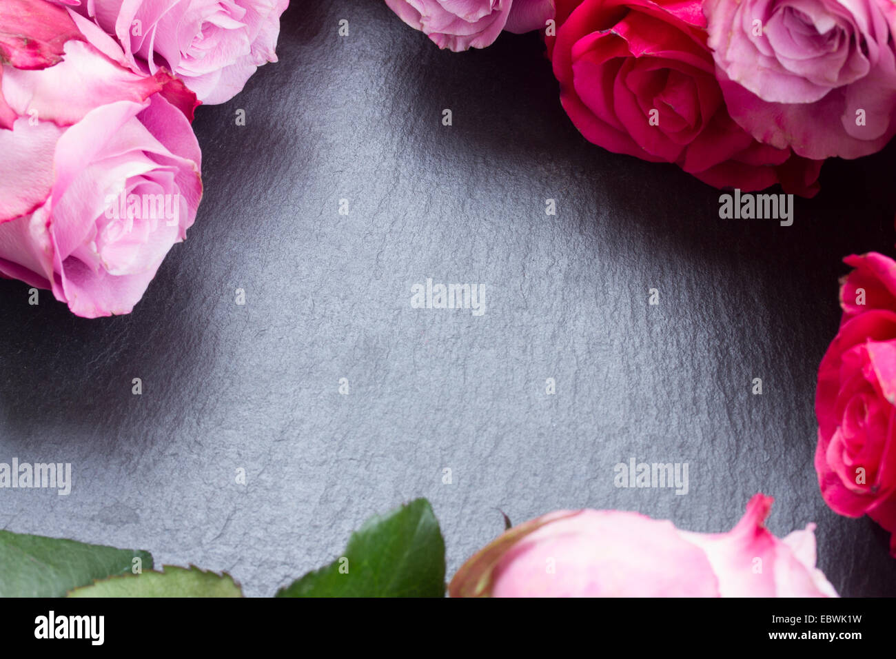 red and pink roses frame on table Stock Photo - Alamy