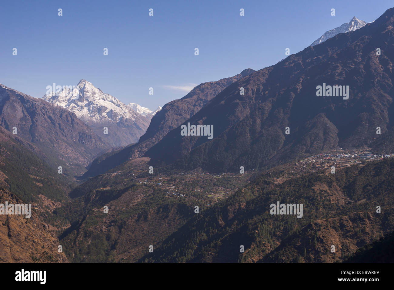 Sherpa village of Lukla in front of mountain panorama, Khumbu ...