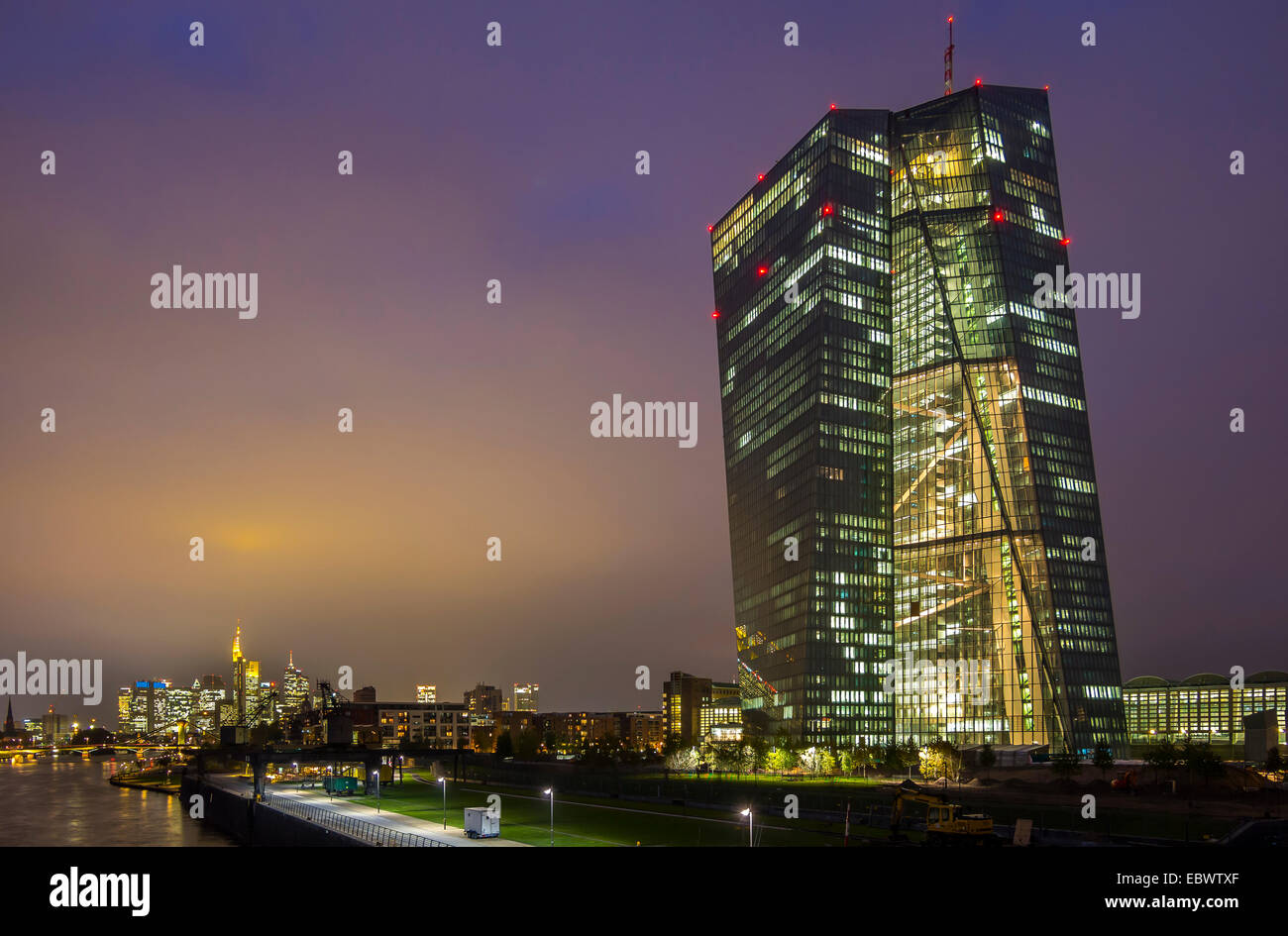 European Central Bank, ECB, in front of the skyline of Frankfurt at ...