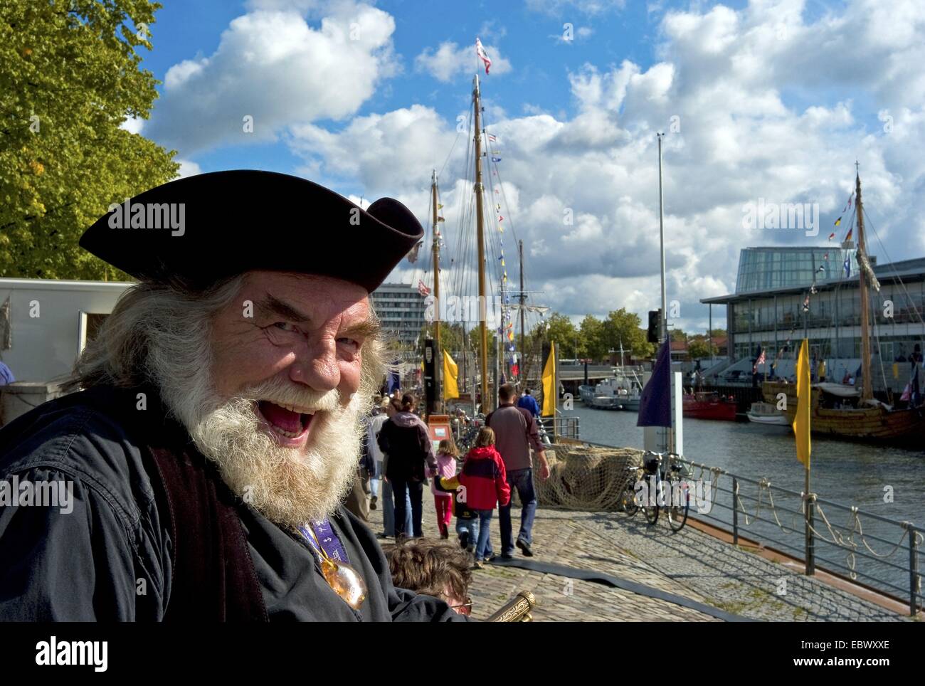 actor at the harbour Bremen-Vegesack playing a pirate captain, Germany ...
