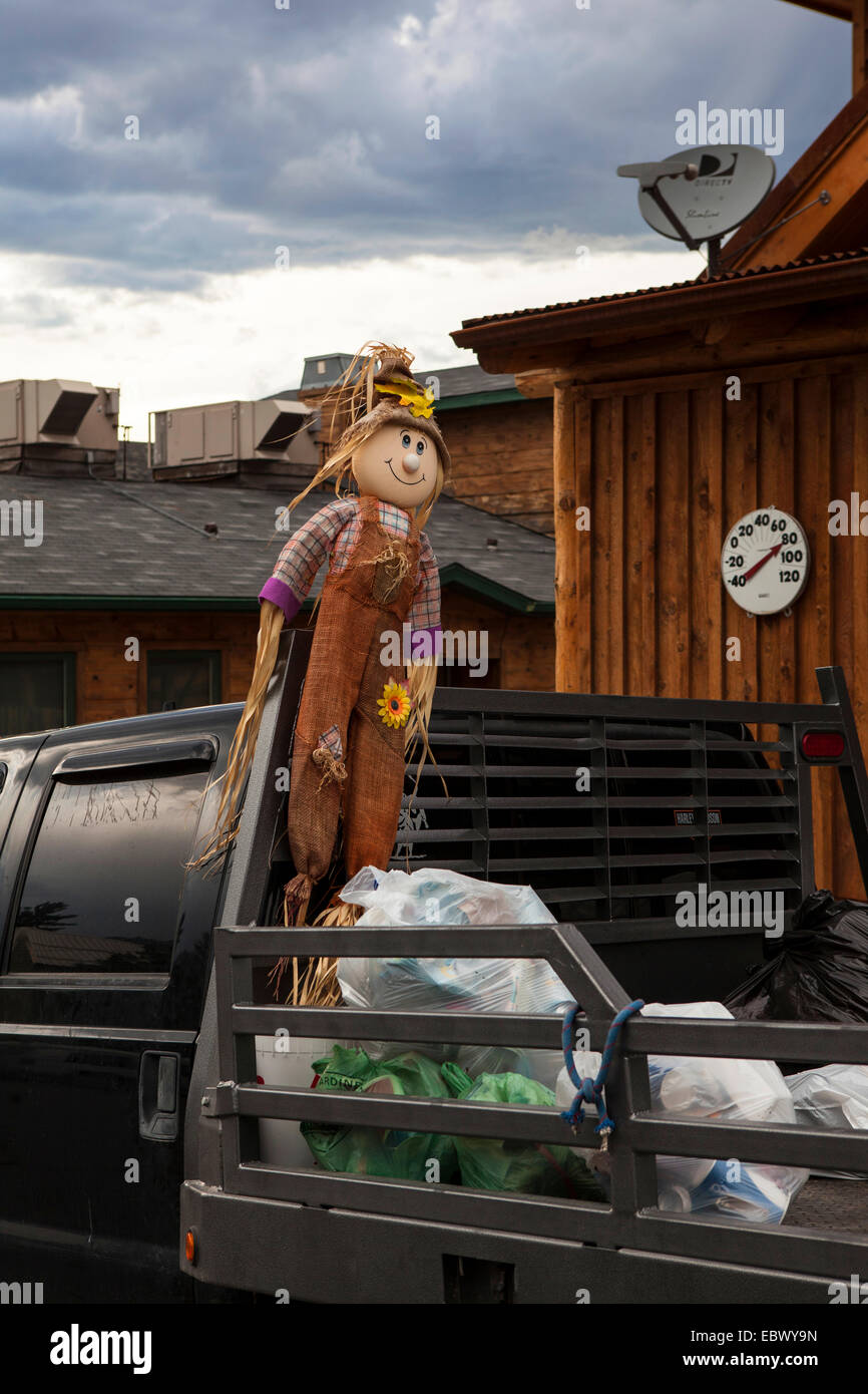 Scarecrow in the back of a truck, in Gardiner, Montana, the north west ...
