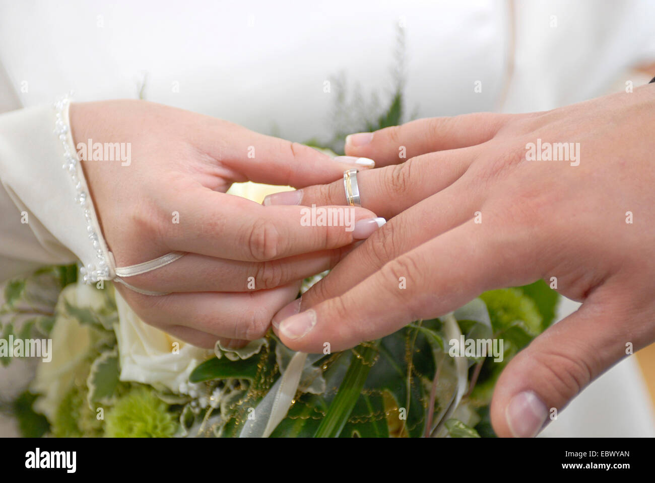 bride putting the wedding ring on the bridegroom's finger Stock Photo ...