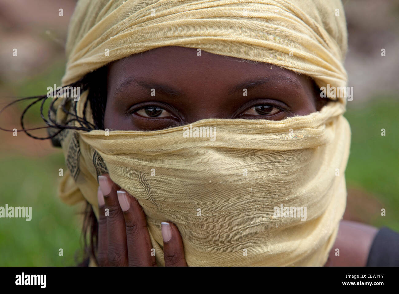 Portrait of a young woman with a headscarf, Uganda, Jinja Stock Photo ...