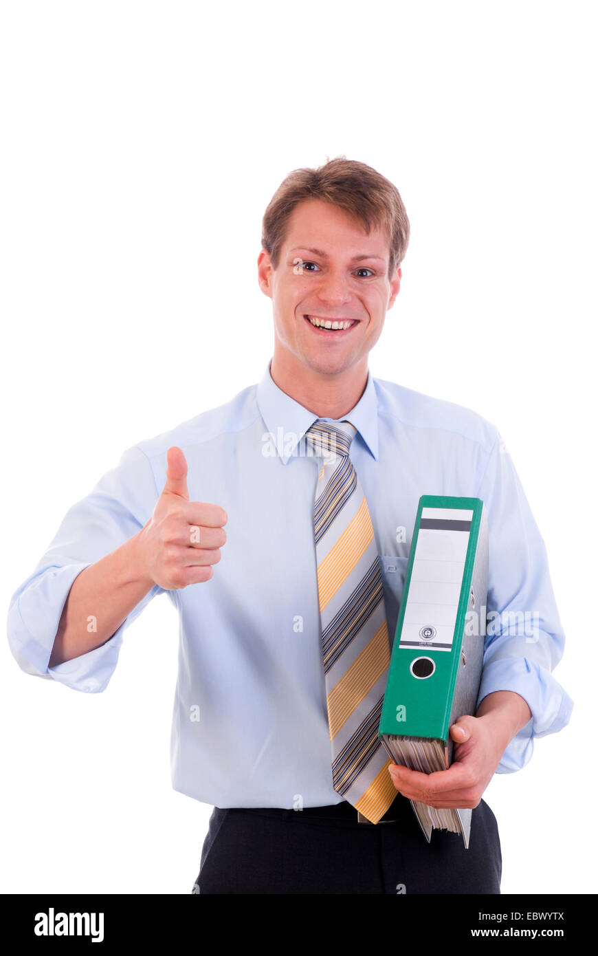 young businessman with folder under the arm and thumb up Stock Photo ...