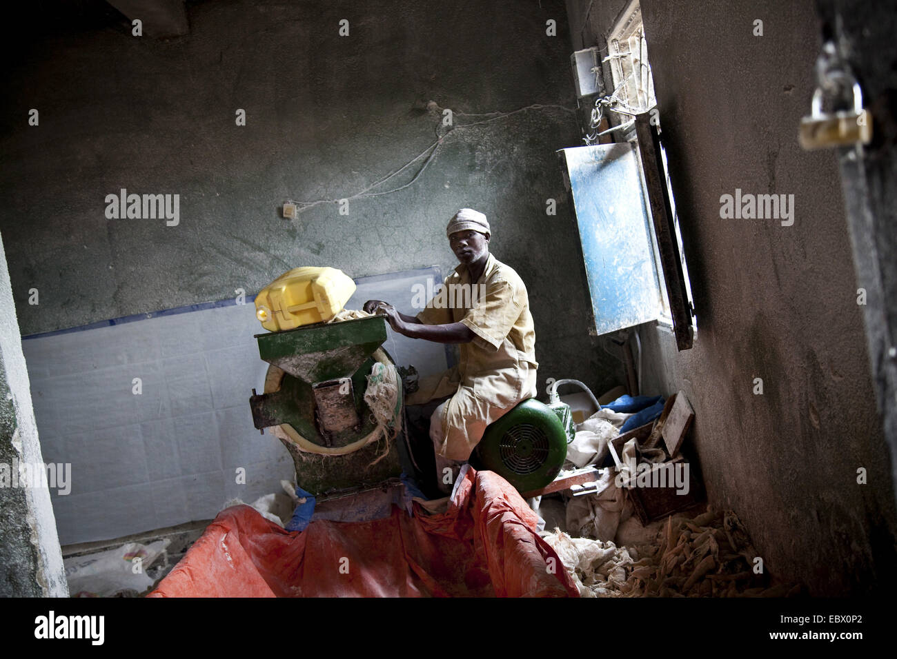 worker in a small local flour factory that produces flour from the ...