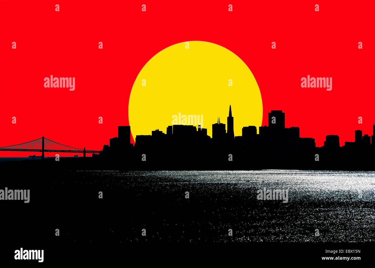 large sunset and red sky with the skyline of San Francisco, USA ...