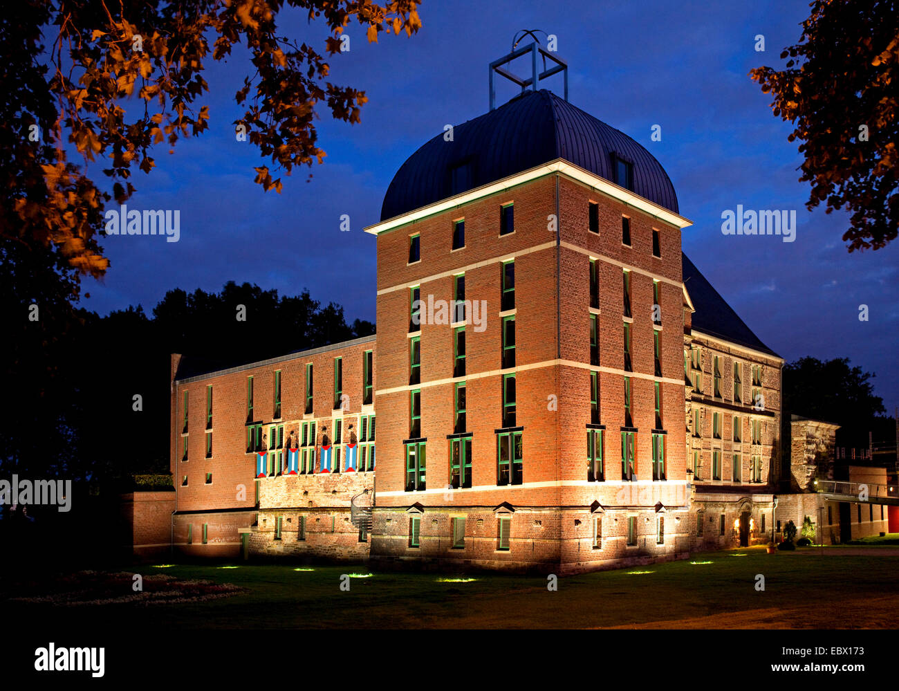 illuminated Horst palace in the evening, Germany, North Rhine ...