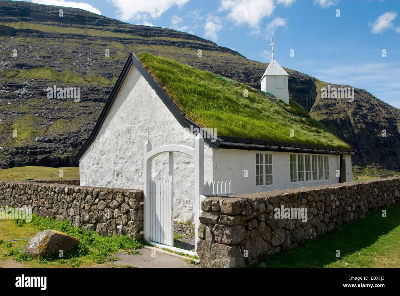 church in Saksun with roof with grass, Denmark, Faroe Islands, Streymoy ...