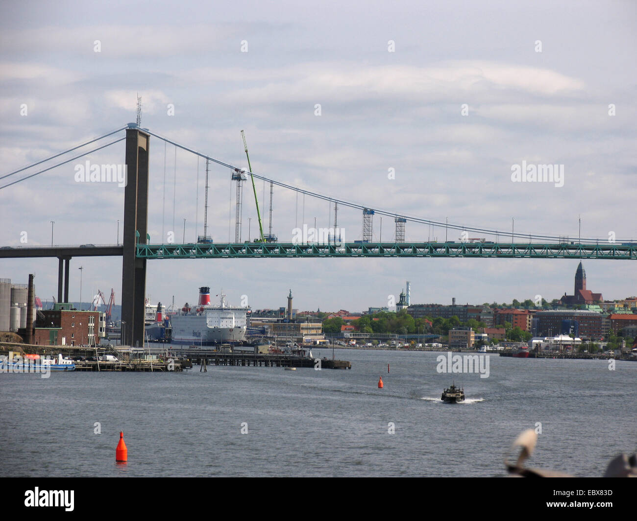 Port of Gothenburg. In the background the huge bridge Älvsborgsbron ...