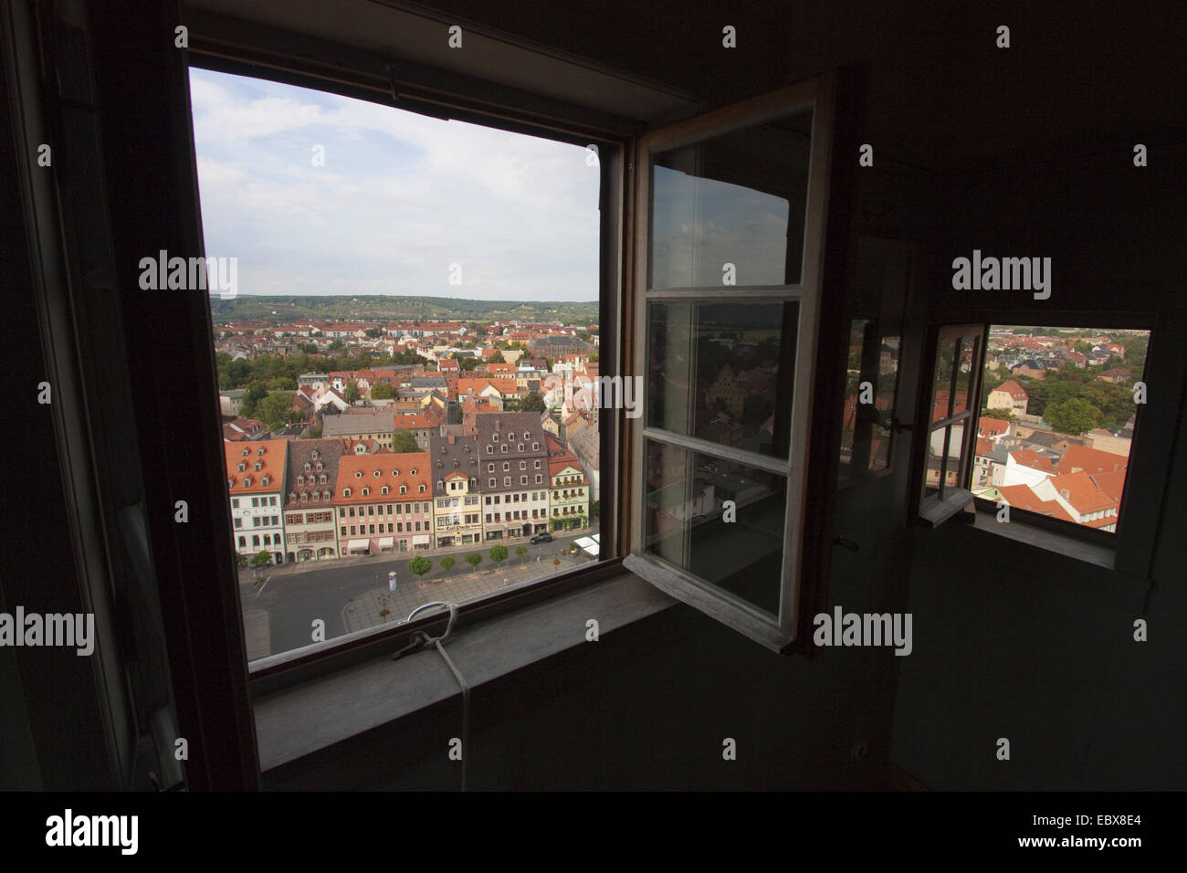 panoramic view through two windows over the city roofs, Germany, Saxony ...