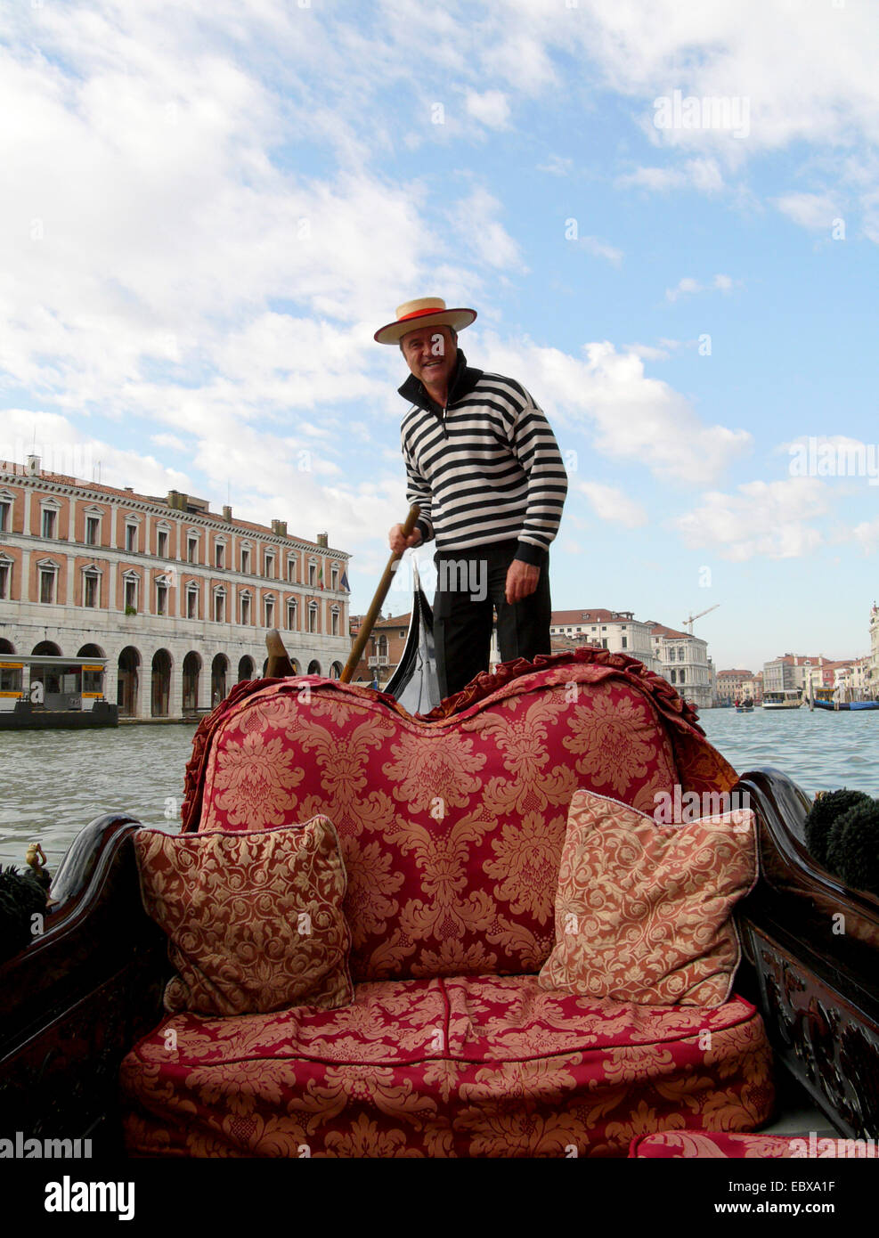 gondolier with gondola on the Canale Grande, Italy, Venice Stock Photo ...