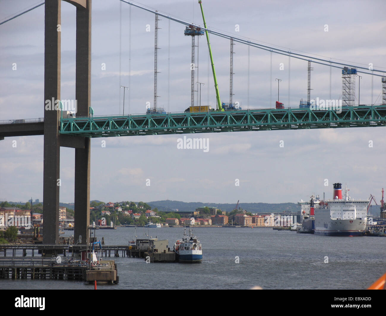 Port of Gothenburg. In the background the huge bridge Älvsborgsbron ...