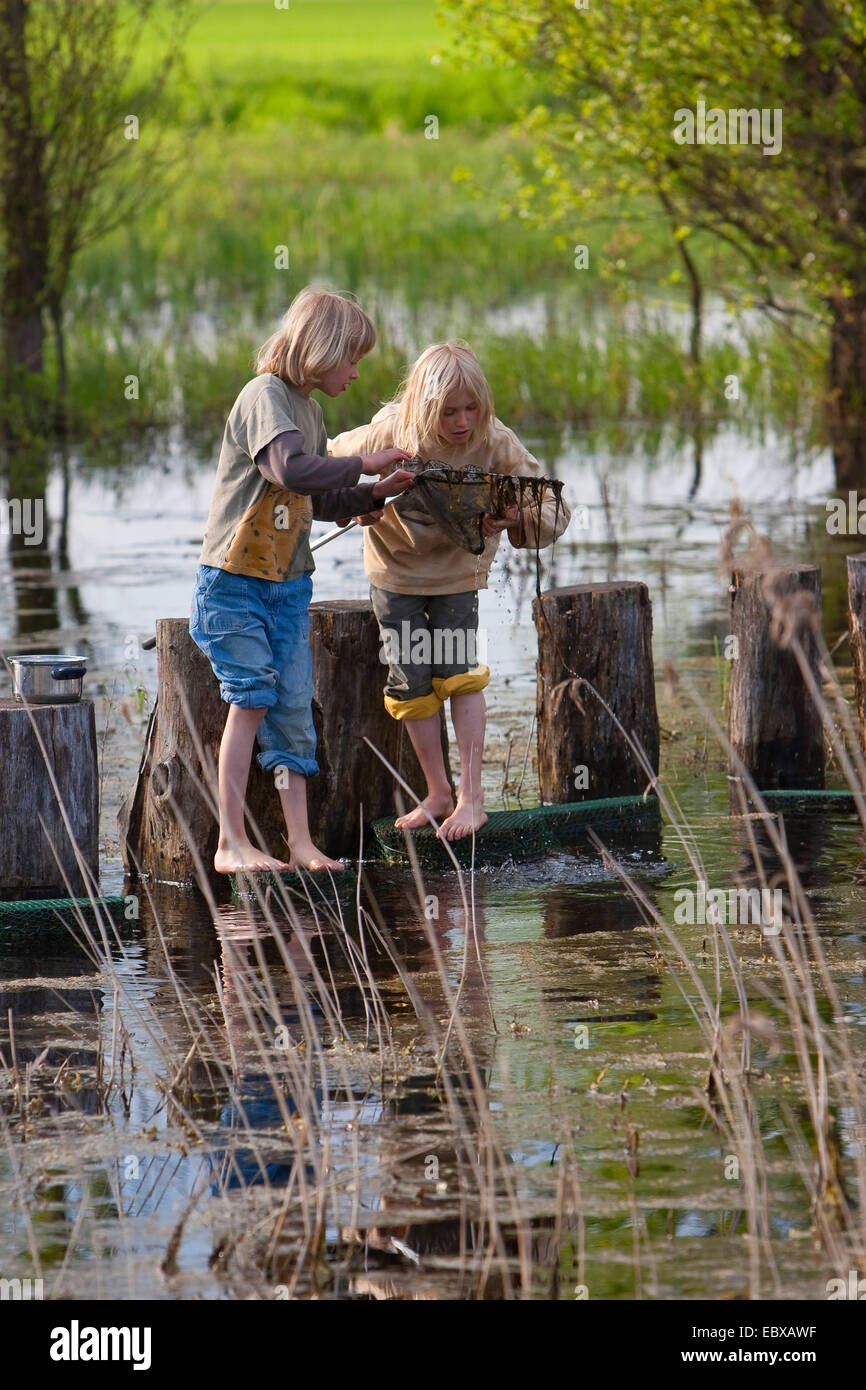 two boys with dip nets at a pond in spring Stock Photo - Alamy