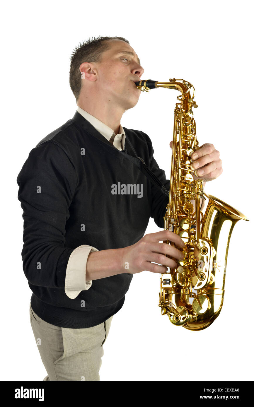 young man playing the saxophone on white background Stock Photo - Alamy