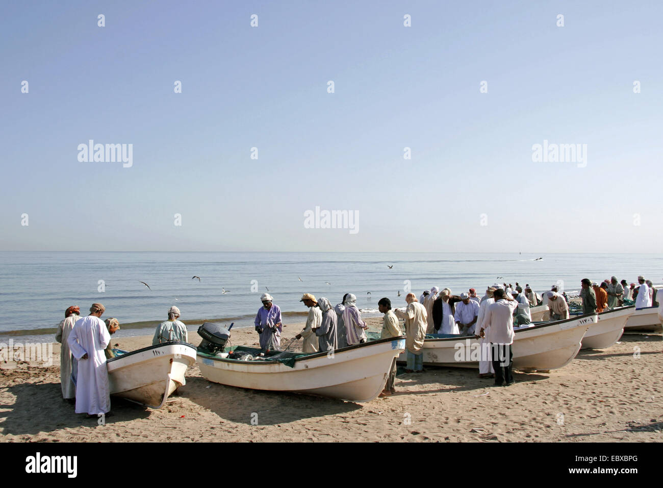 fishermen at their boats on the beach of Barka, Oman Stock Photo - Alamy