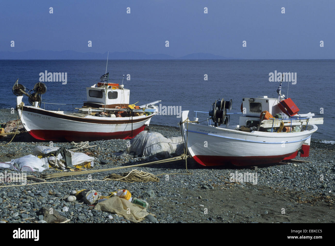 fishing boats on the beach, Greece, Thrakien, Samothrace Stock Photo ...
