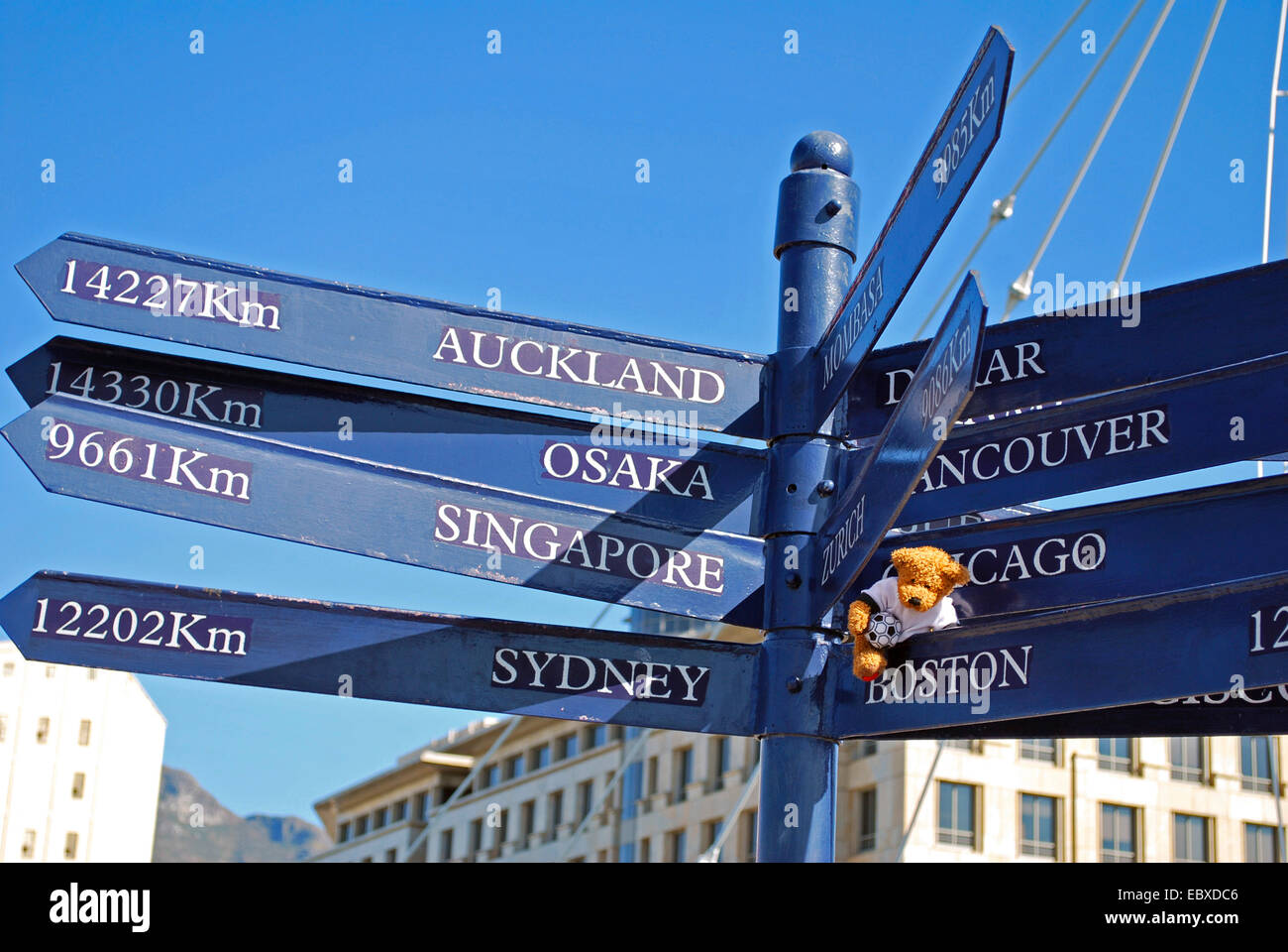 teddy baer; fingerpost to the capitals of the world in km, waterfront ...