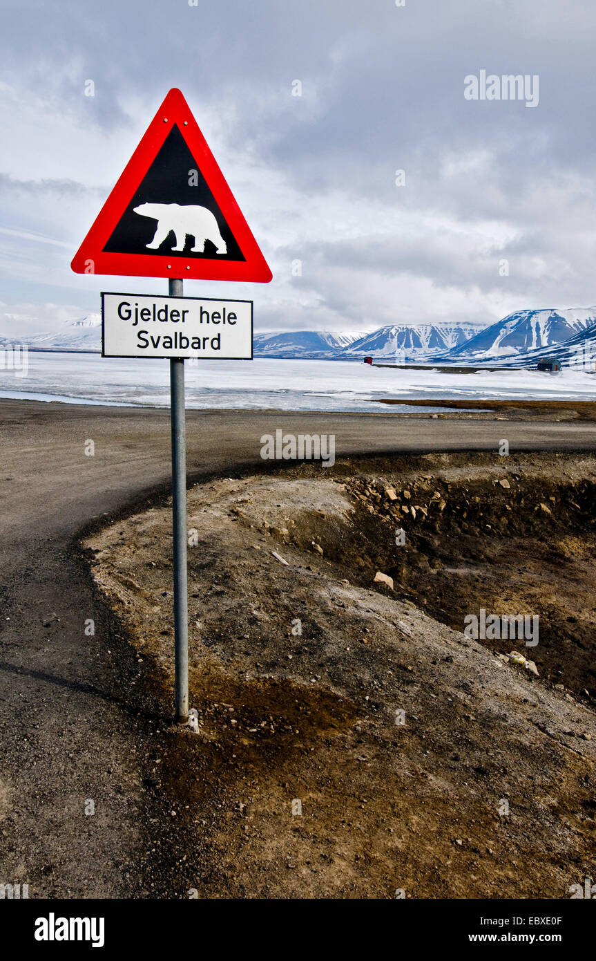 polar bear (Ursus maritimus), warning sign against Polar Bears, Norway ...