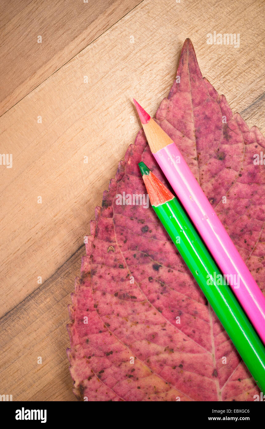 colored crayons and red leaf on a wood surface Stock Photo - Alamy