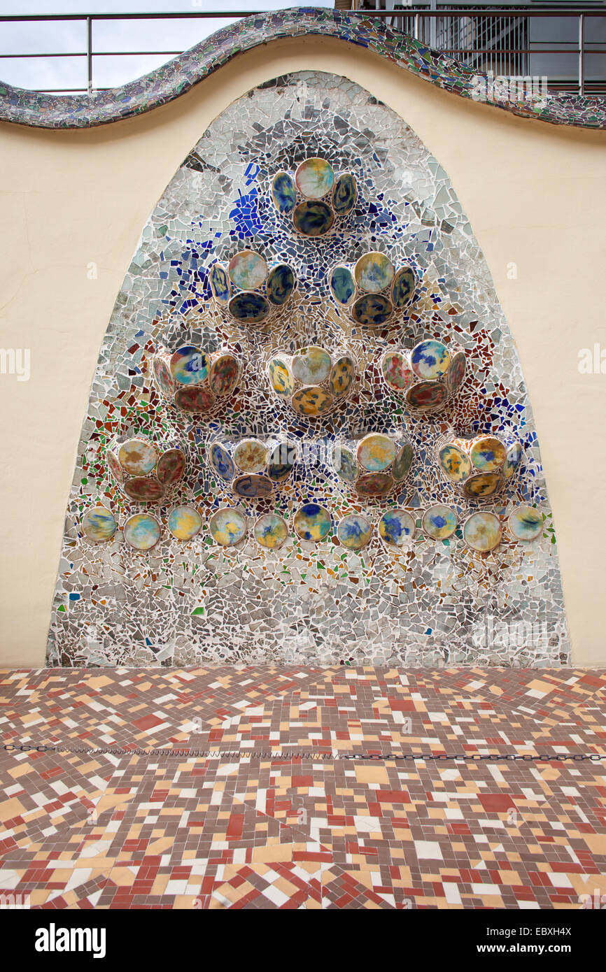 Trencadis mosaic from broken tile shards on the terrace of Casa Batllo ...