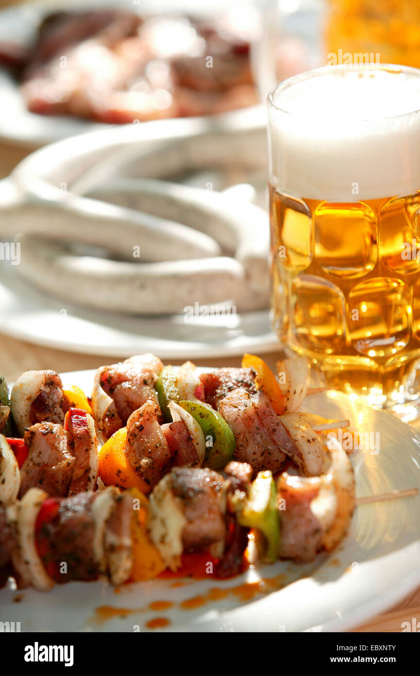 garden party, barbecue sticks and beer Stock Photo - Alamy