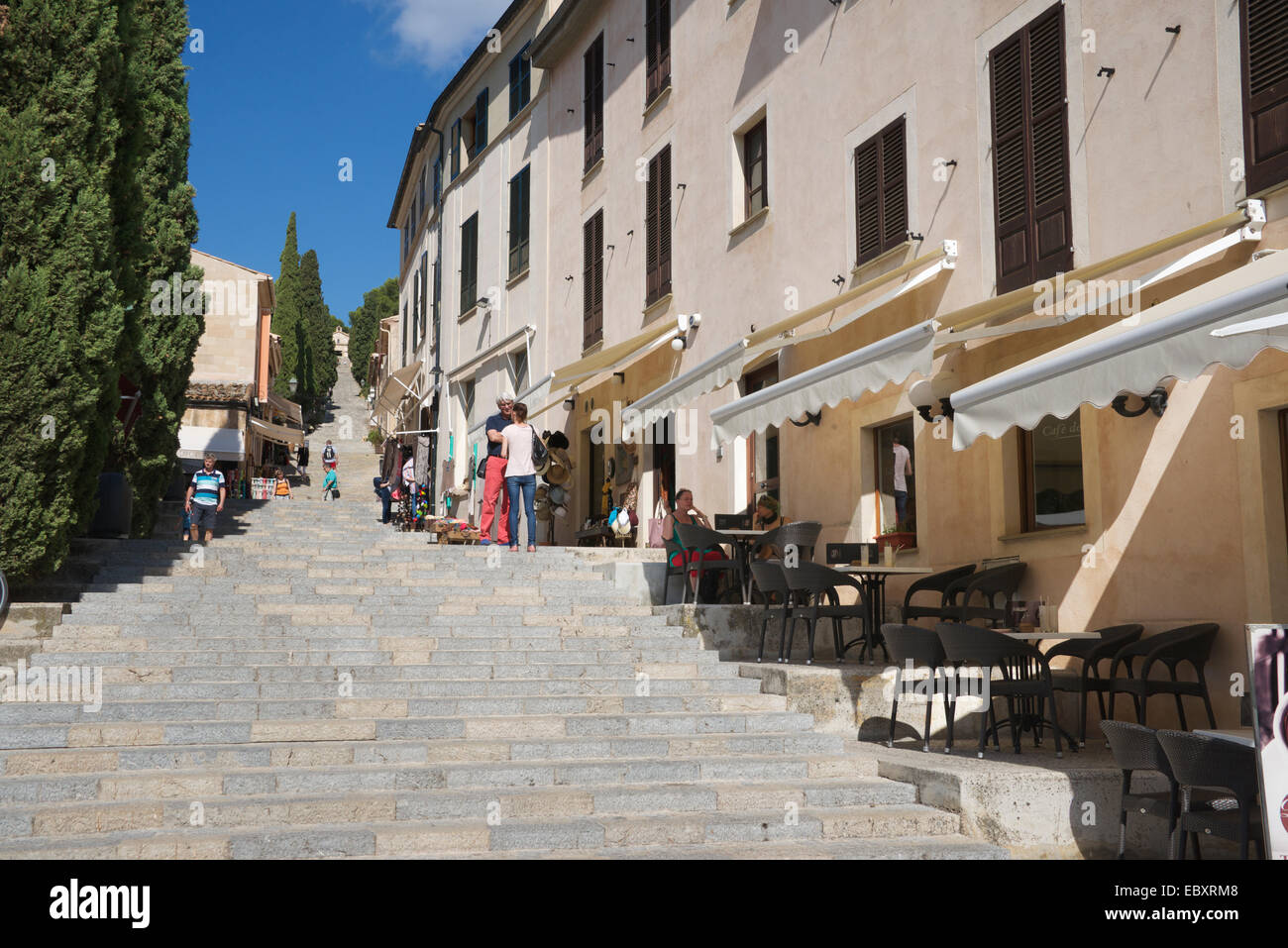 Shops restaurant and Calvari Steps leading to Calvari Chapel Pollenca ...
