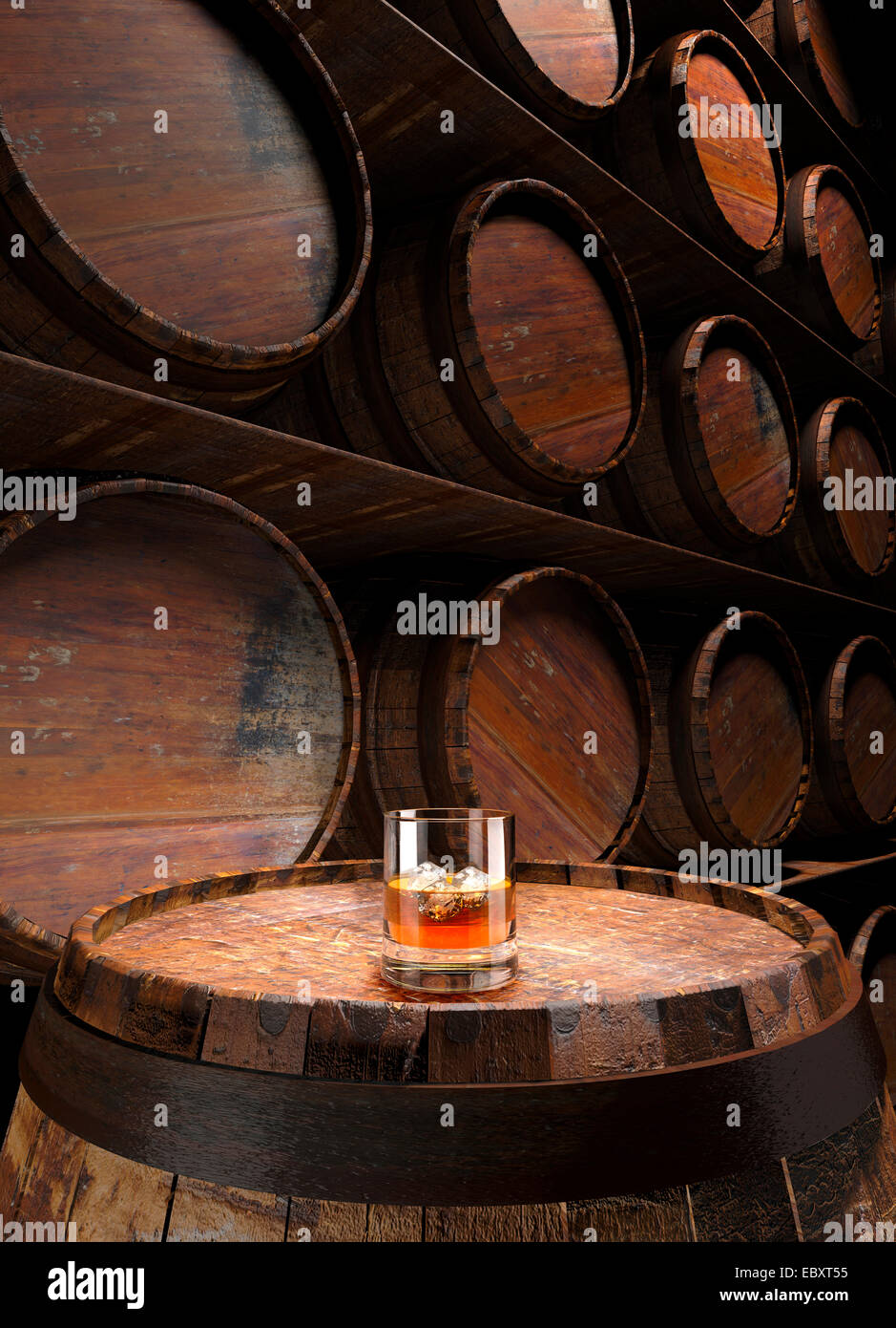 Rye Whisky In Glass On Barrel Infront Of Barrels Stock Photo - Alamy