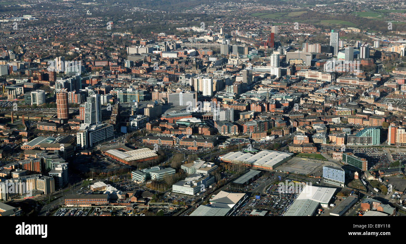 aerial panoramic view of the Leeds city skyline in West Yorkshire, UK ...
