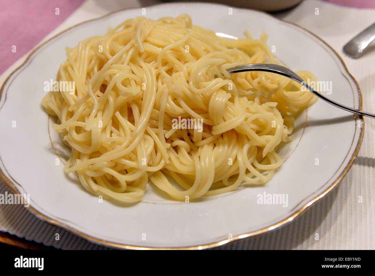 Spaghetti with fork and spoon on a plate, Germany, City of Osterode, 3 ...