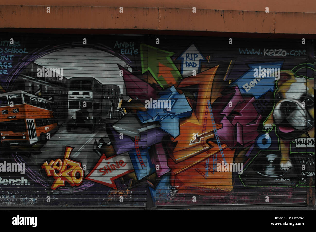 kELzO graffiti mural, with bulldog, buses, 3D 'kELzO' lettering, Koffee ...
