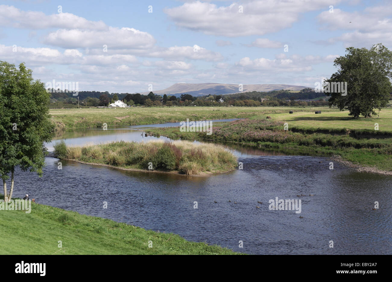 Blue sky white clouds view towards Pendle Hill River Ribble with small ...