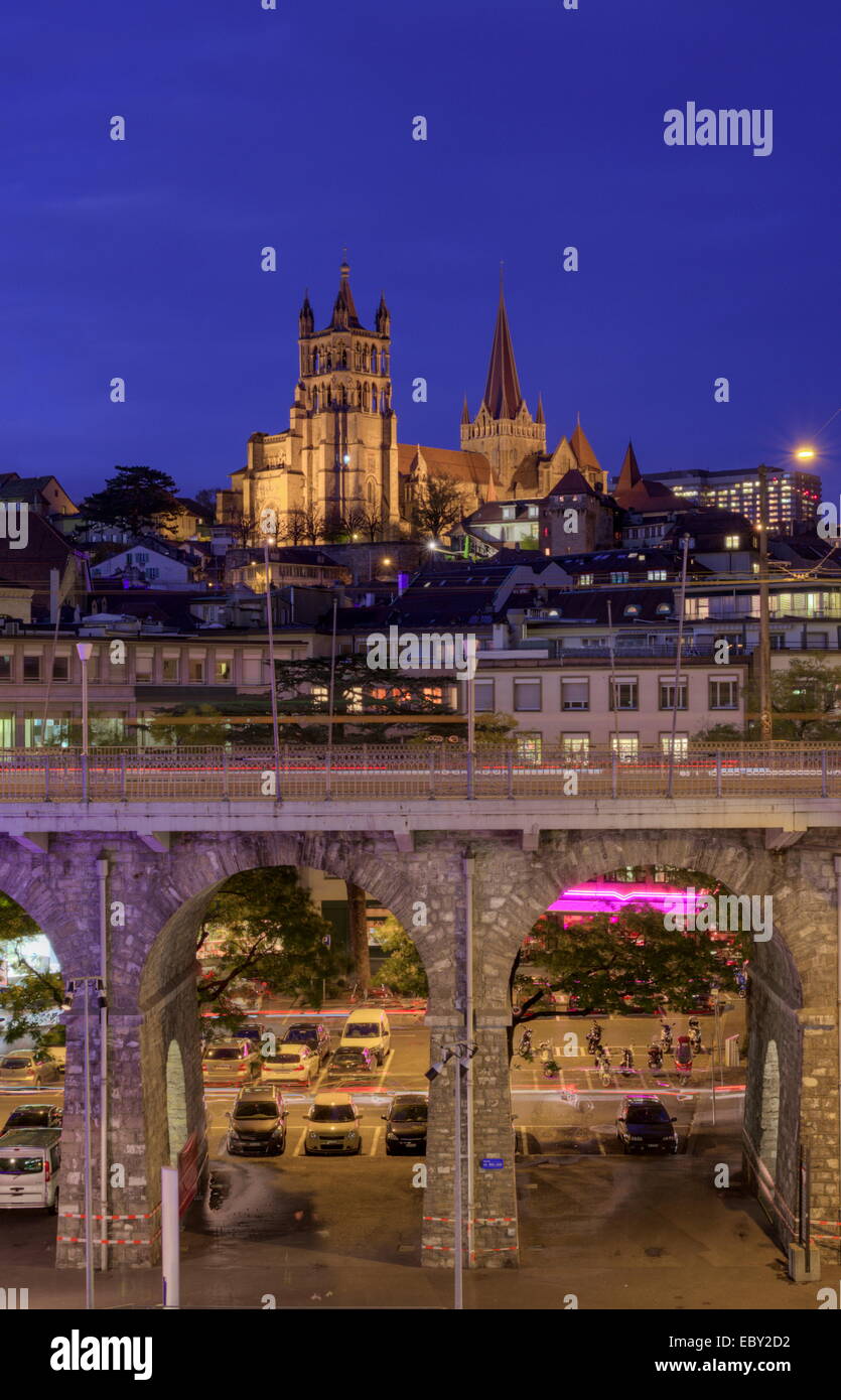 Cathedral of Notre Dame of Lausanne and bridge, Switzerland, HDR Stock ...