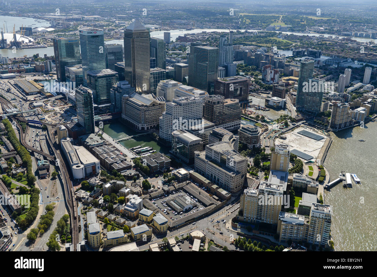 An aerial view of Canary Wharf and surroundings looking east Stock ...