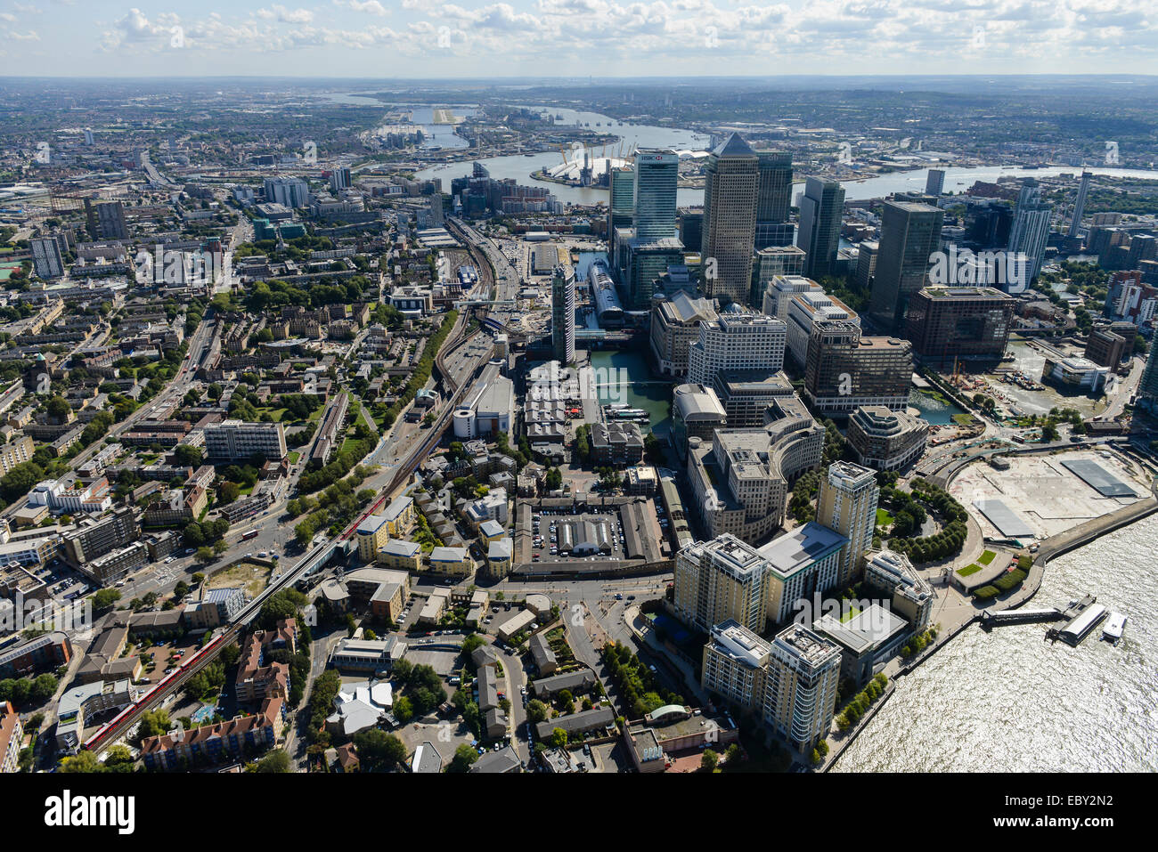 An aerial view of Canary Wharf and surroundings looking east Stock ...