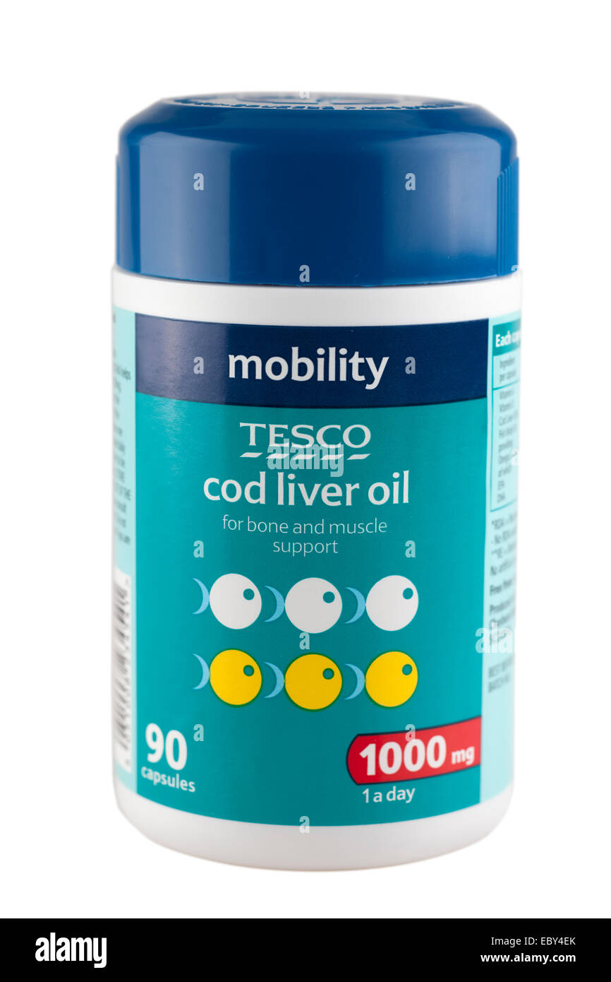 Container of 90 Tesco cod liver oil capsules 1000mg Stock Photo - Alamy