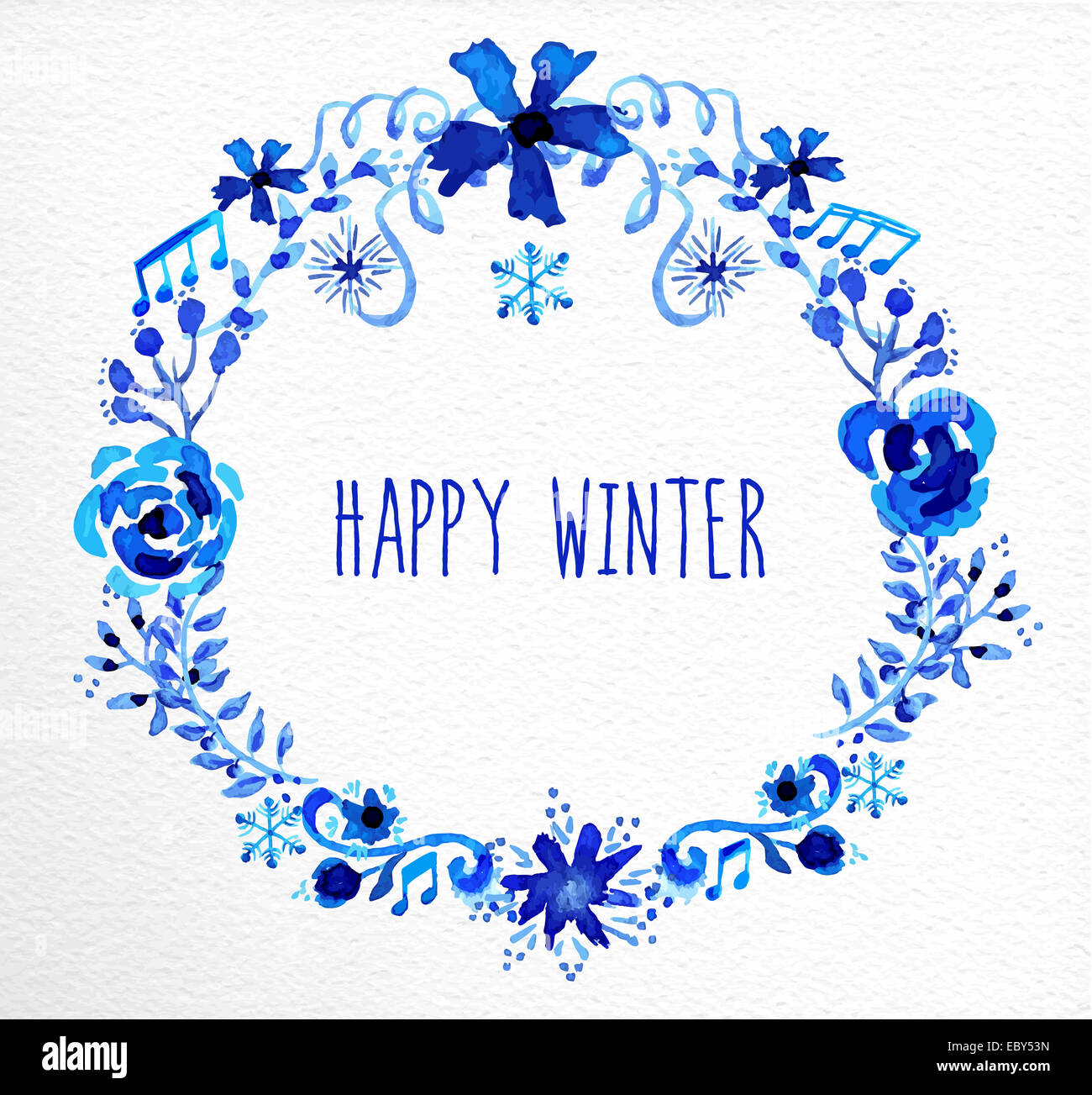 Happy winter garland with flowers and snowflakes watercolor blue ...