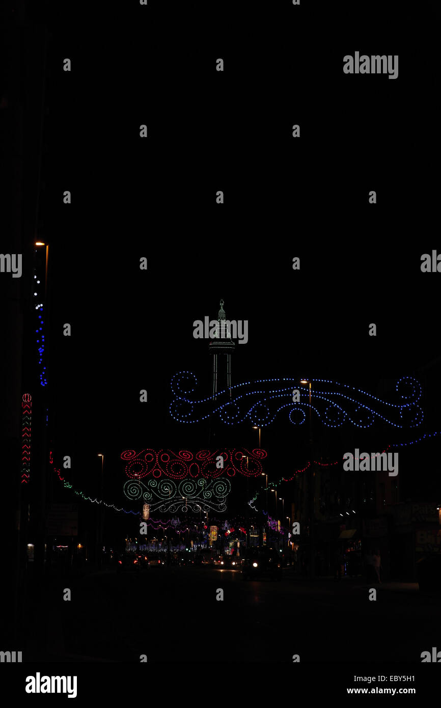 Blackpool tower red green colours illuminated standing rising centre ...