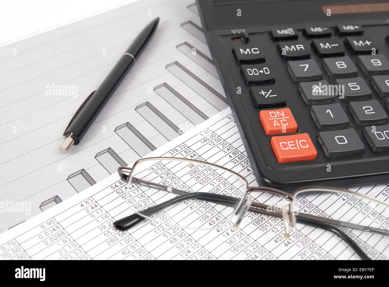 Pen, glasses and calculator on paper table with finance diagram Stock ...