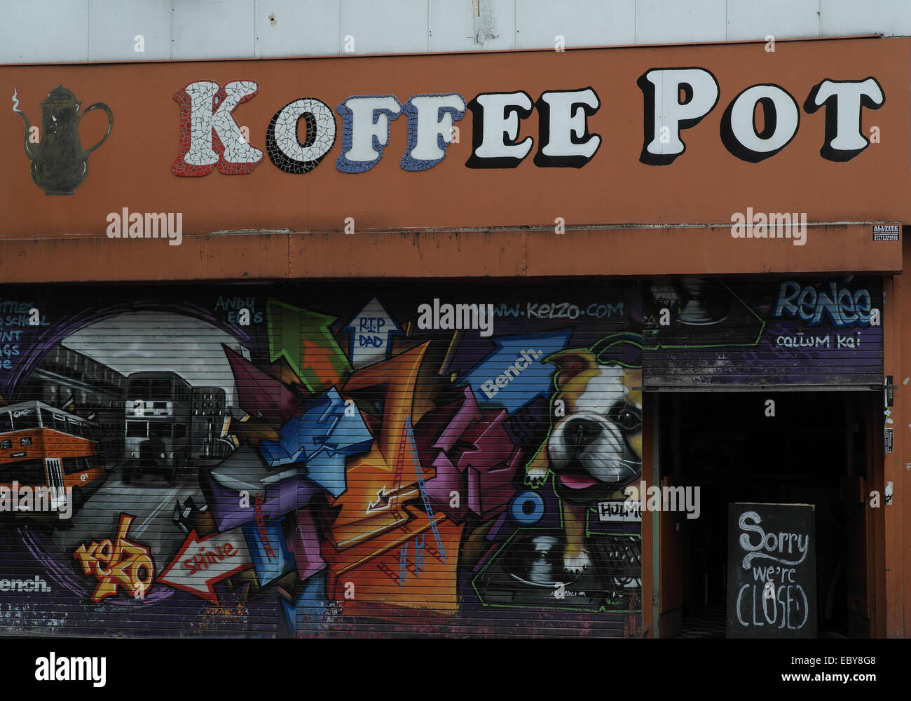 Colourful kELzO graffiti mural, bulldog, buses, 3D 'kELzO' lettering ...