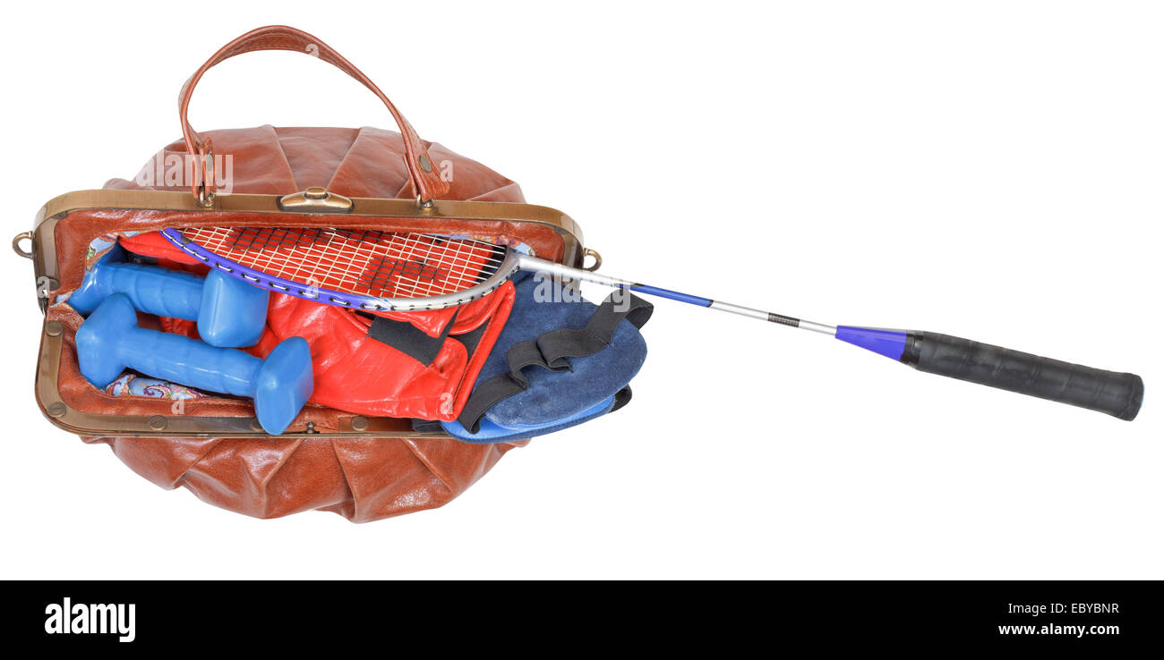 ladies handbag with sport items boxing gloves, dumbbells, tennis racket ...