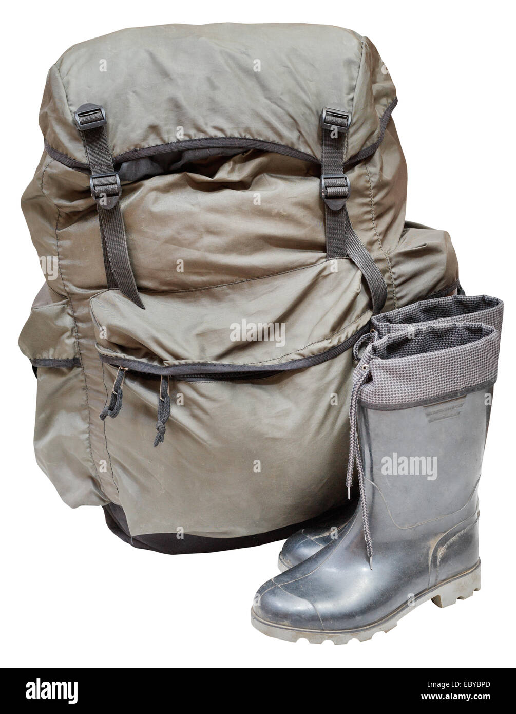 backpack and rubber boots isolated on white background Stock Photo - Alamy