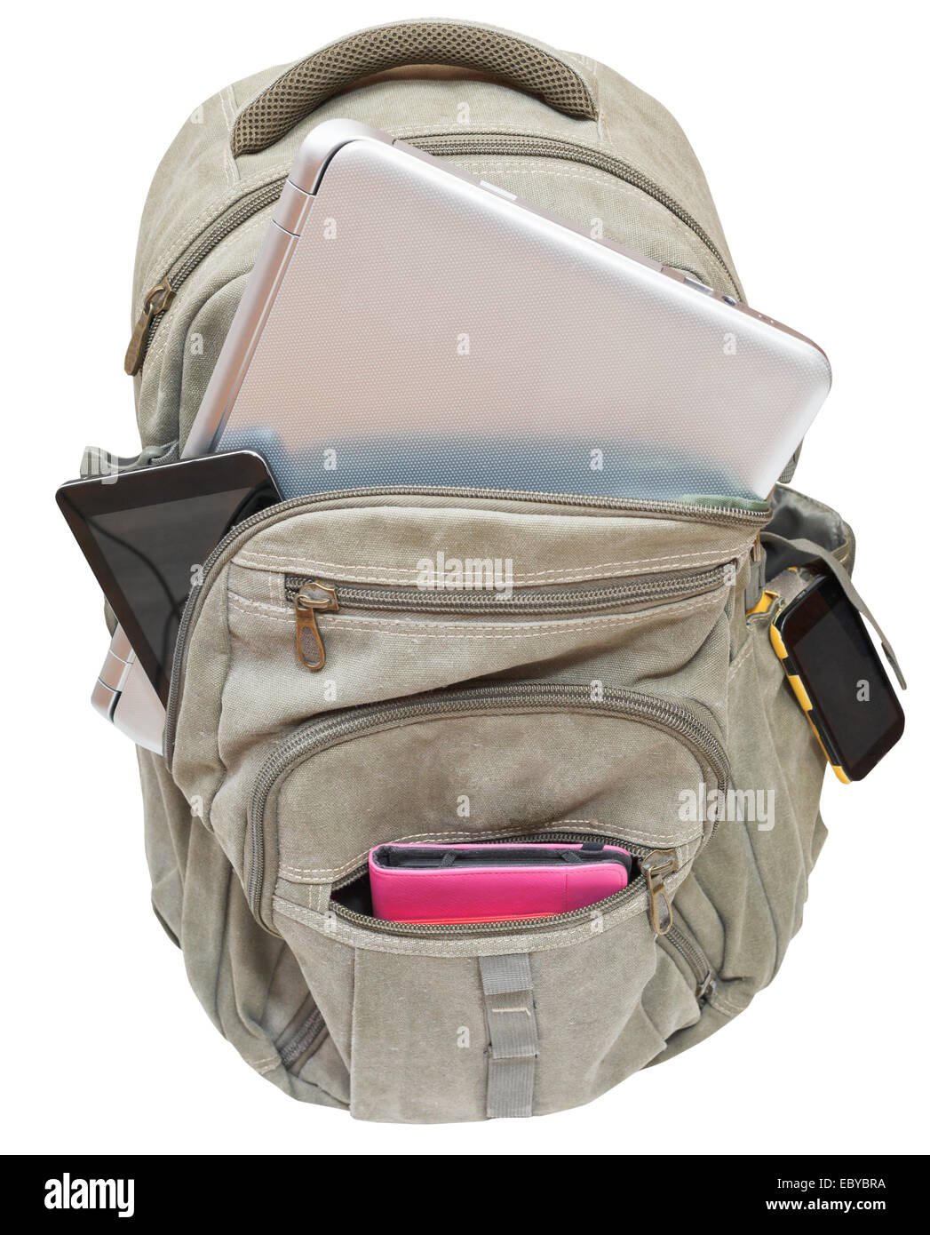 tourist backpack with mobile devices isolated on white background Stock ...
